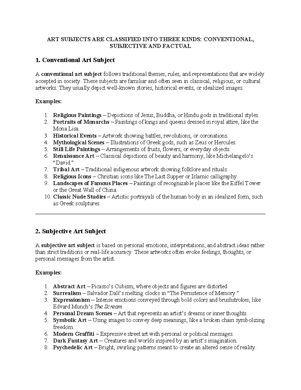 Art Subject Types: Conventional, Subjective, and Factual Insights - Studocu