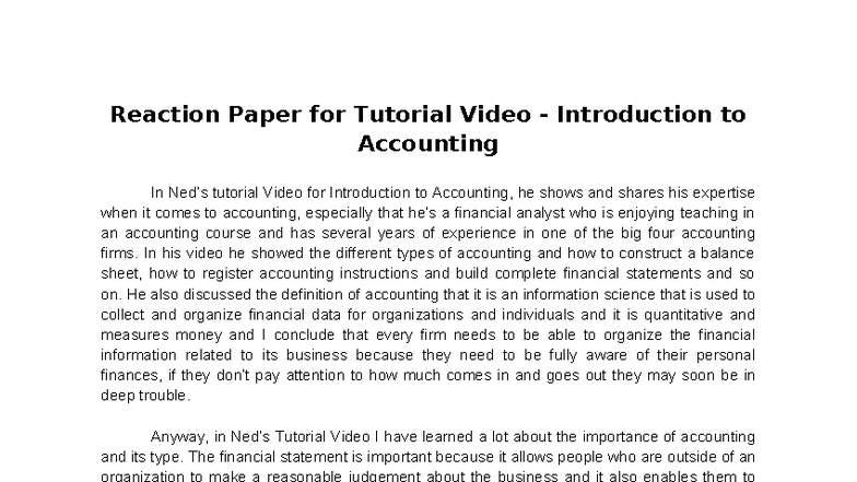 Reaction Paper: Insights from Video Tutorial on Accounting - Studocu