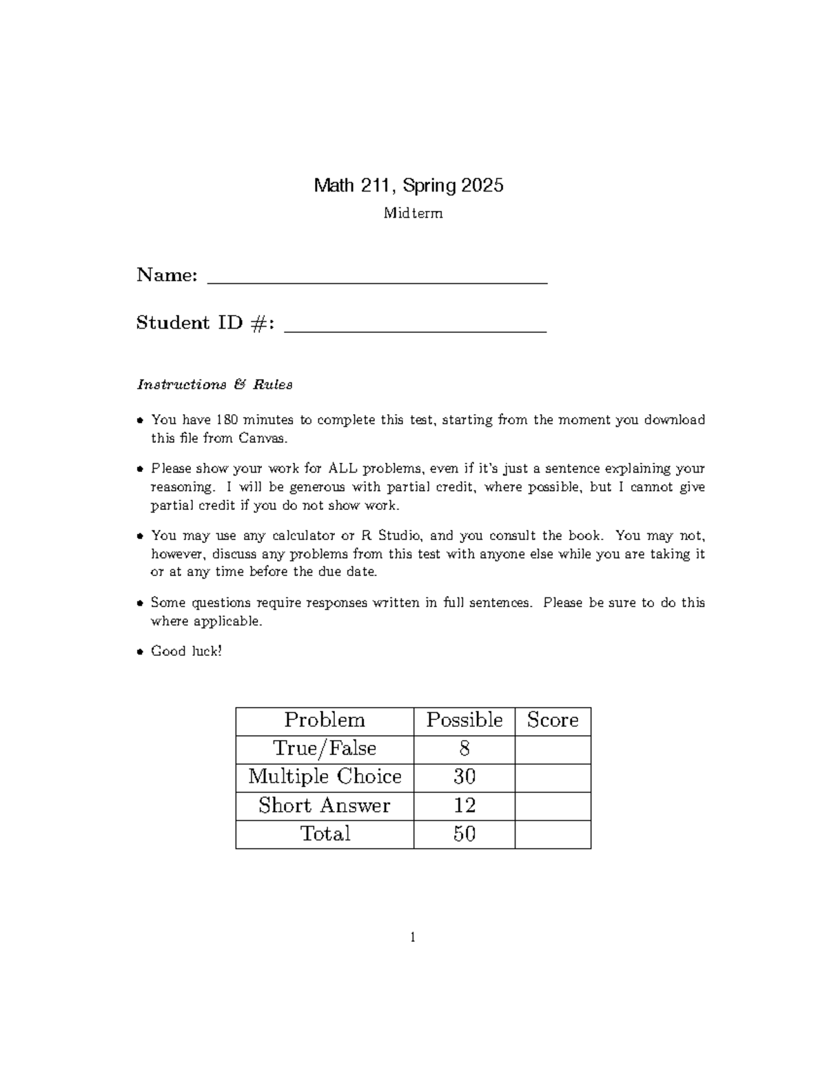 Math 211 Spring 2024 Midterm Exam Questions and Instructions - Studocu