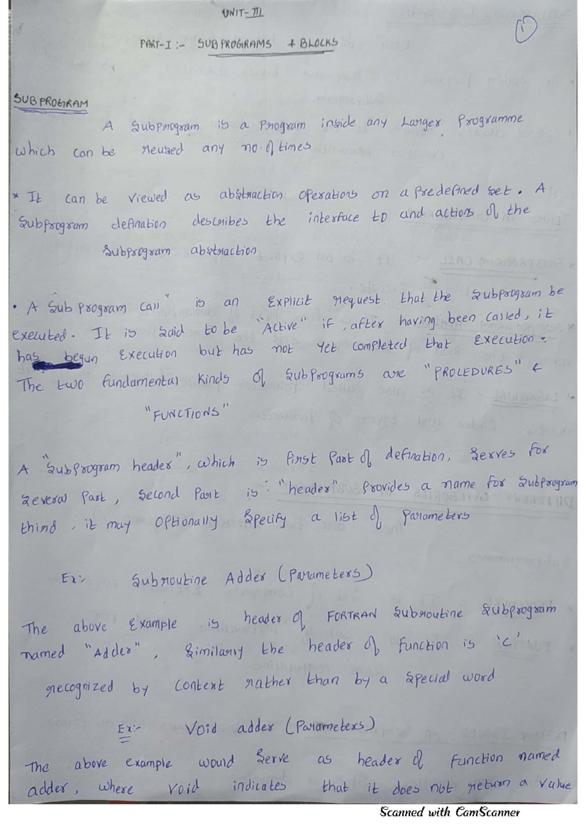 PPL- Unit -3 Notes - Ppl unit 3 - 1 SUBPROGRAMS BLOCKS SUBPROGRAM A ...