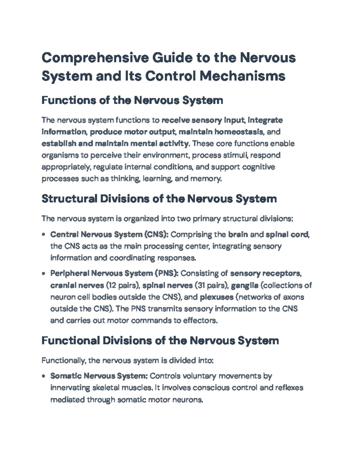 CNS 101: Comprehensive Overview of the Nervous System Functions - Studocu