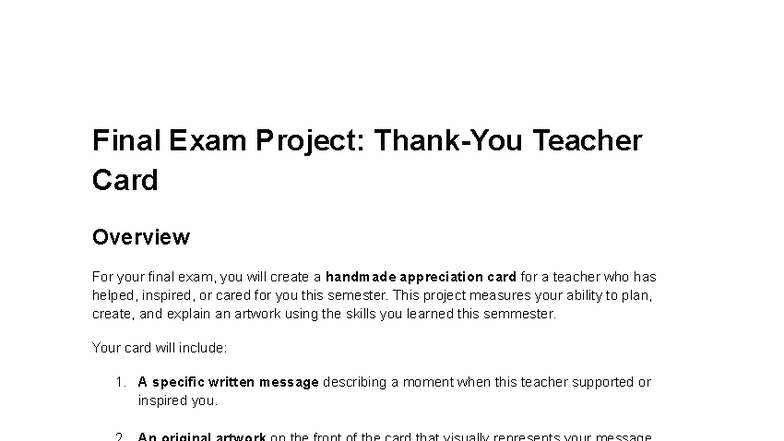 Final Exam Project: Thank You Teacher Card Overview - Studocu
