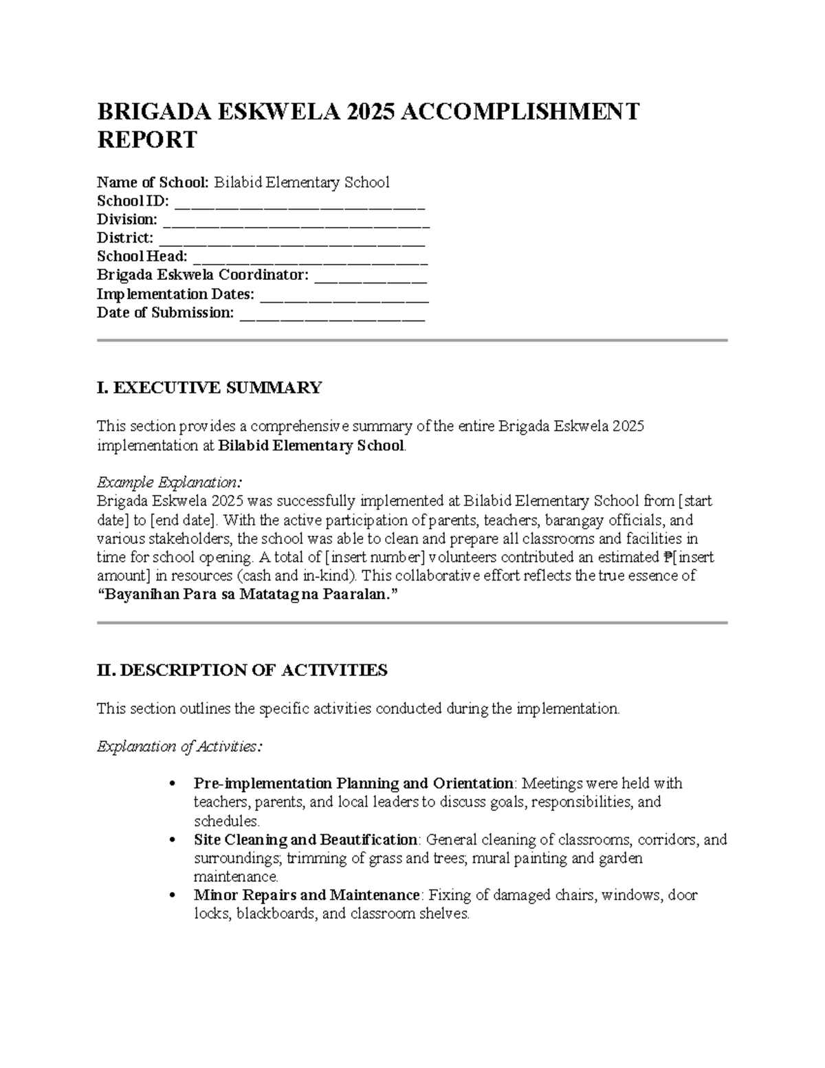 Brigada Eskwela 2025 Accomplishment Report: Bilabid Elementary School ...
