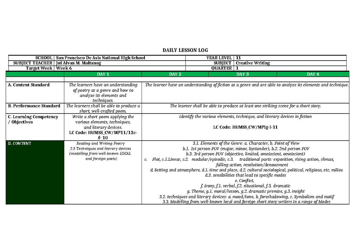 Creative Writing Lesson Plan Week 6 - Year 11 - Studocu