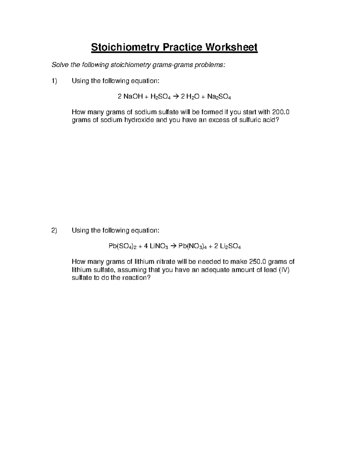 Stoichiometry Worksheet 1: Grams-Grams Problem Practice - Studocu