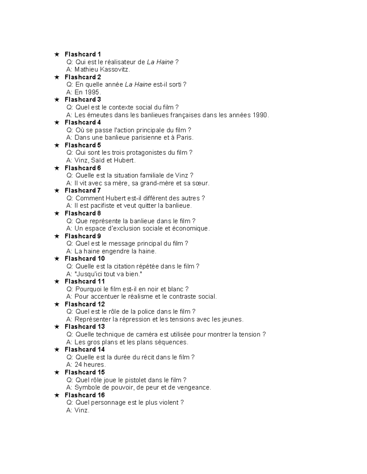 Flashcards sur le film "La Haine" - Analyse et Questions Clés - Studocu