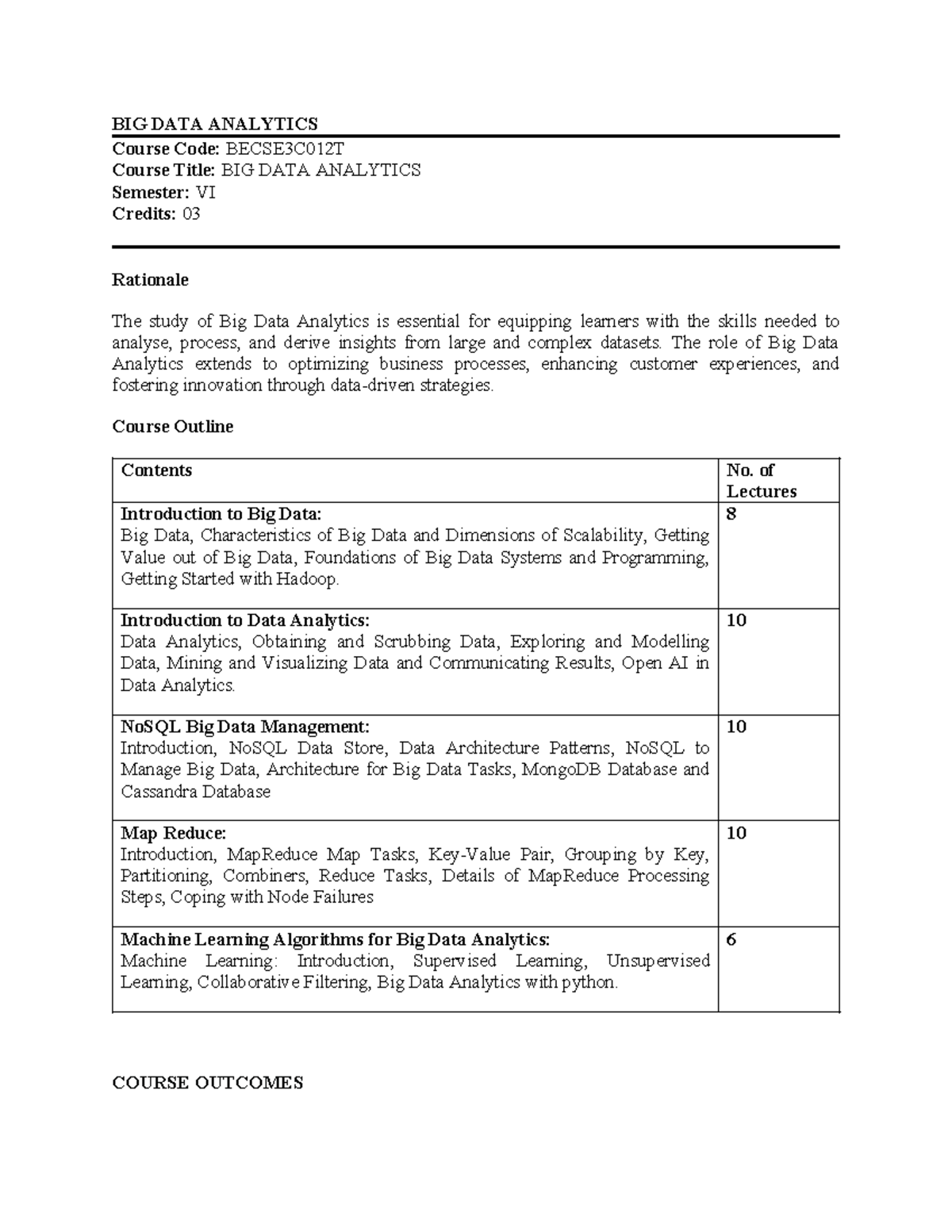 Big Data Analytics Syllabus - BECSE3C012T - Semester VI Overview - Studocu