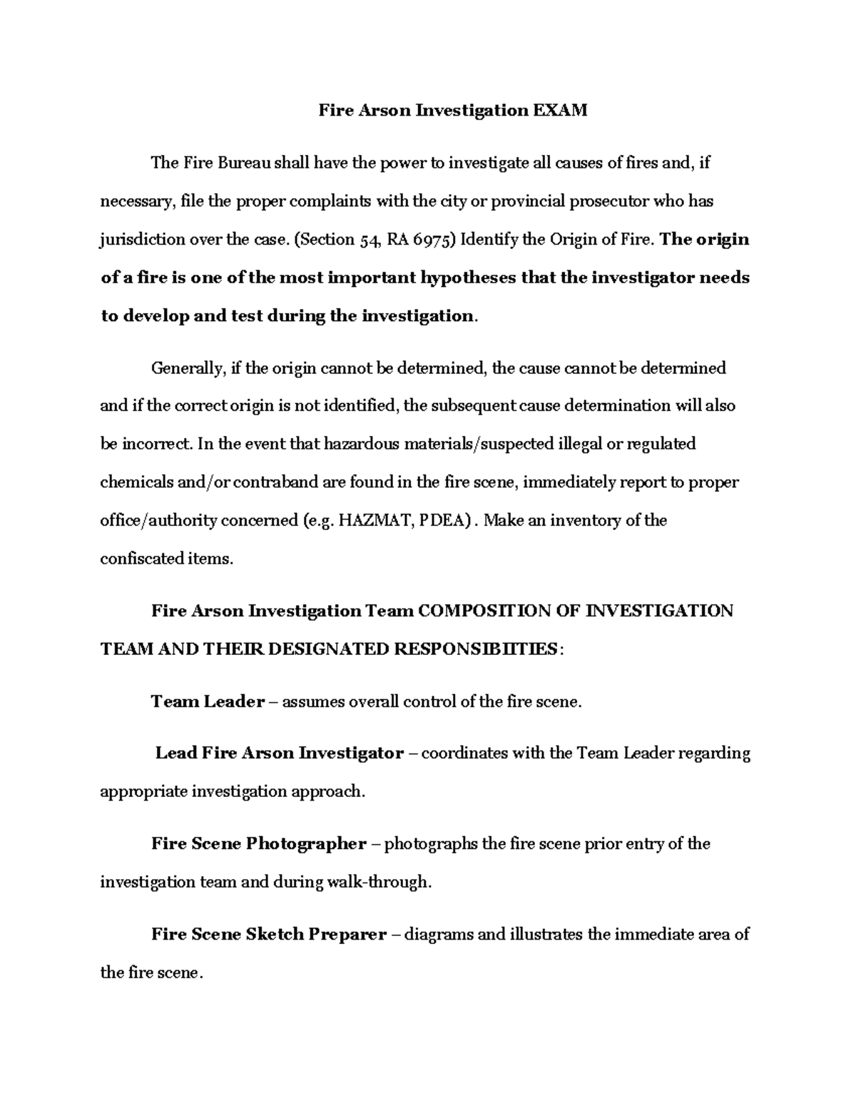 Fire Arson Investigation EXAM: Key Concepts and Procedures Guide - Studocu