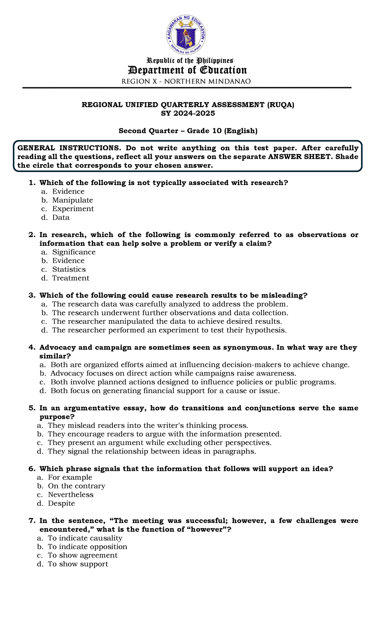 English 10 Q2 - RUQA Final Assessment Instructions and Questions - Studocu