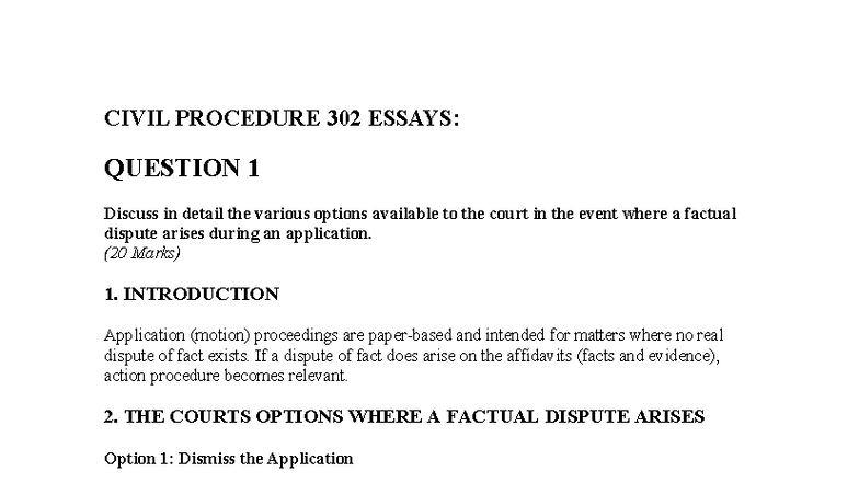 Civil Procedure 302 Essays - CIVIL PROCEDURE 302 ESSAYS: QUESTION 1 ...