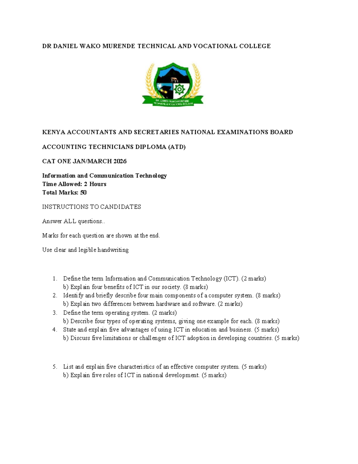 ATD CAT ONE 2026: ICT Exam Questions and Guidelines - Studocu