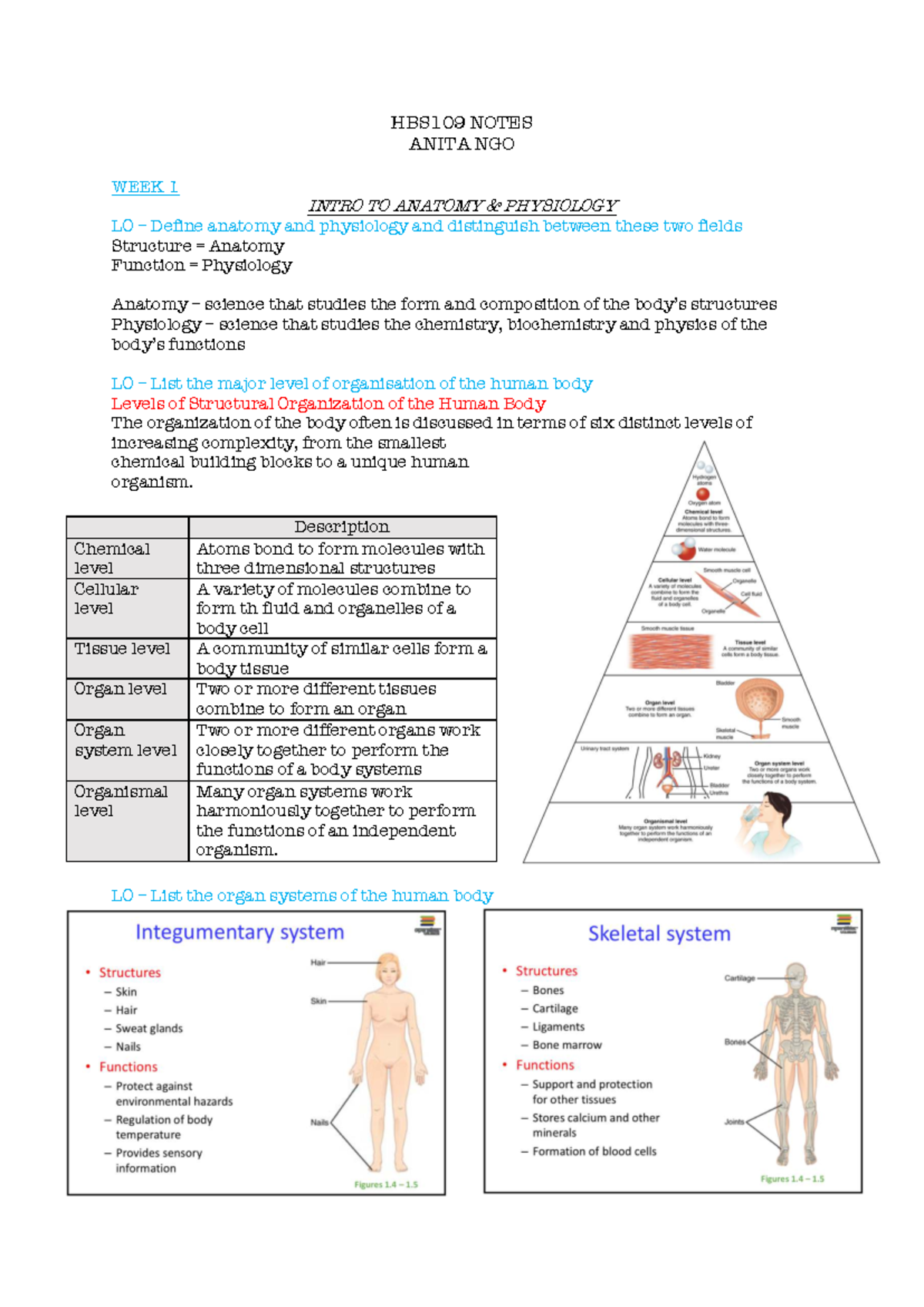 Anatomy and Physiology notes - HBS109 NOTES ANITA NGO WEEK 1 INTRO TO ...