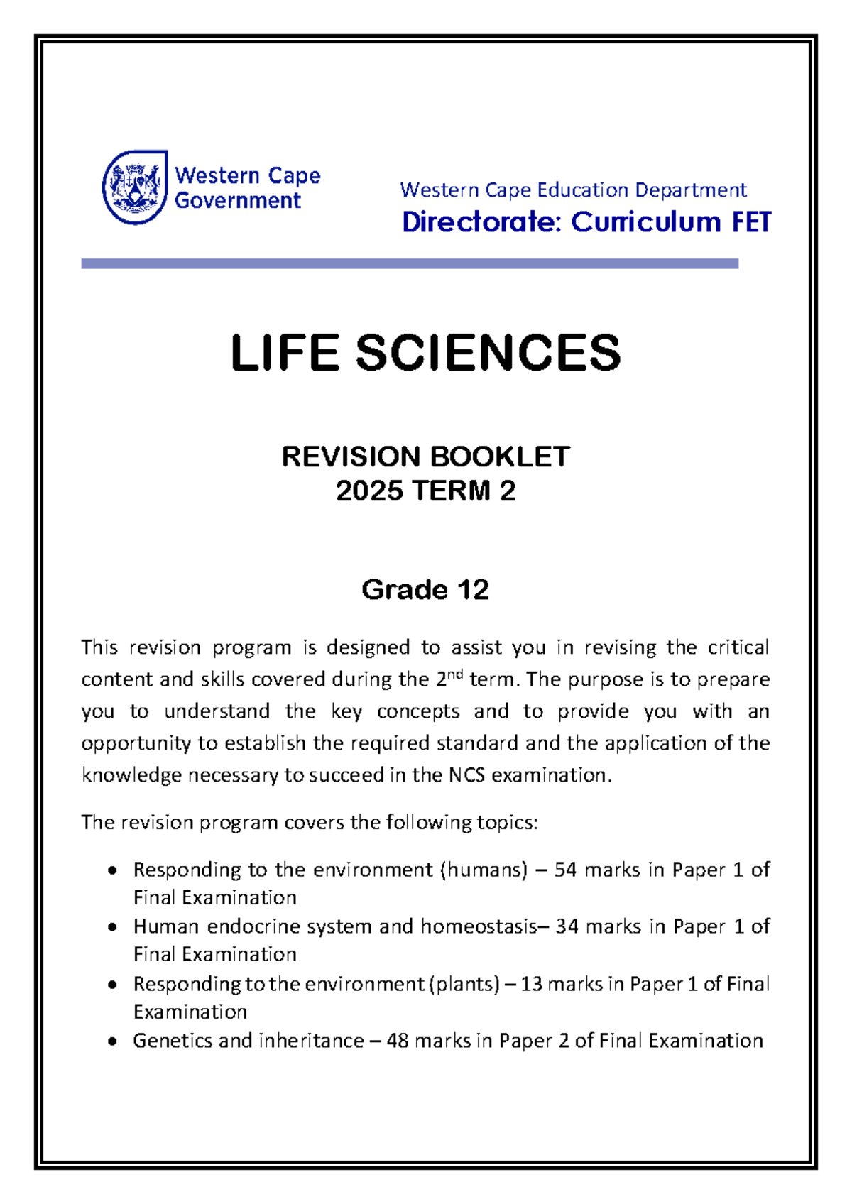 Life Sciences Revision Guide Grade 12 (2025) - Term 2 Materials - Studocu