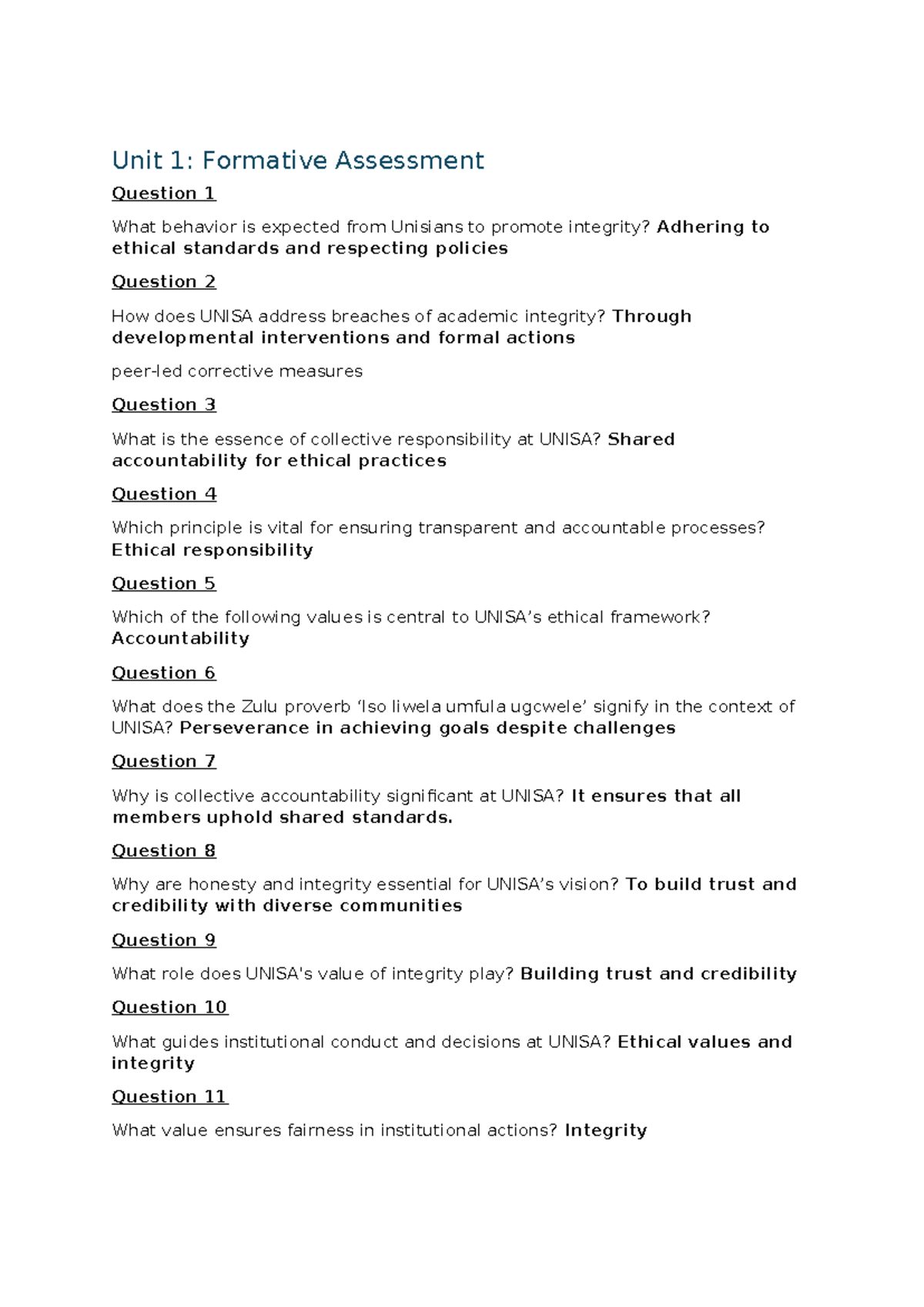 Integrity - UNISA Formative Assessment Quizzes on Academic Ethics - Studocu