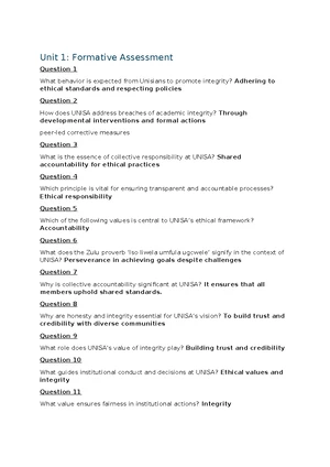 UNISA Academic Integrity Unit 1 Formative Assessment Results - Studocu