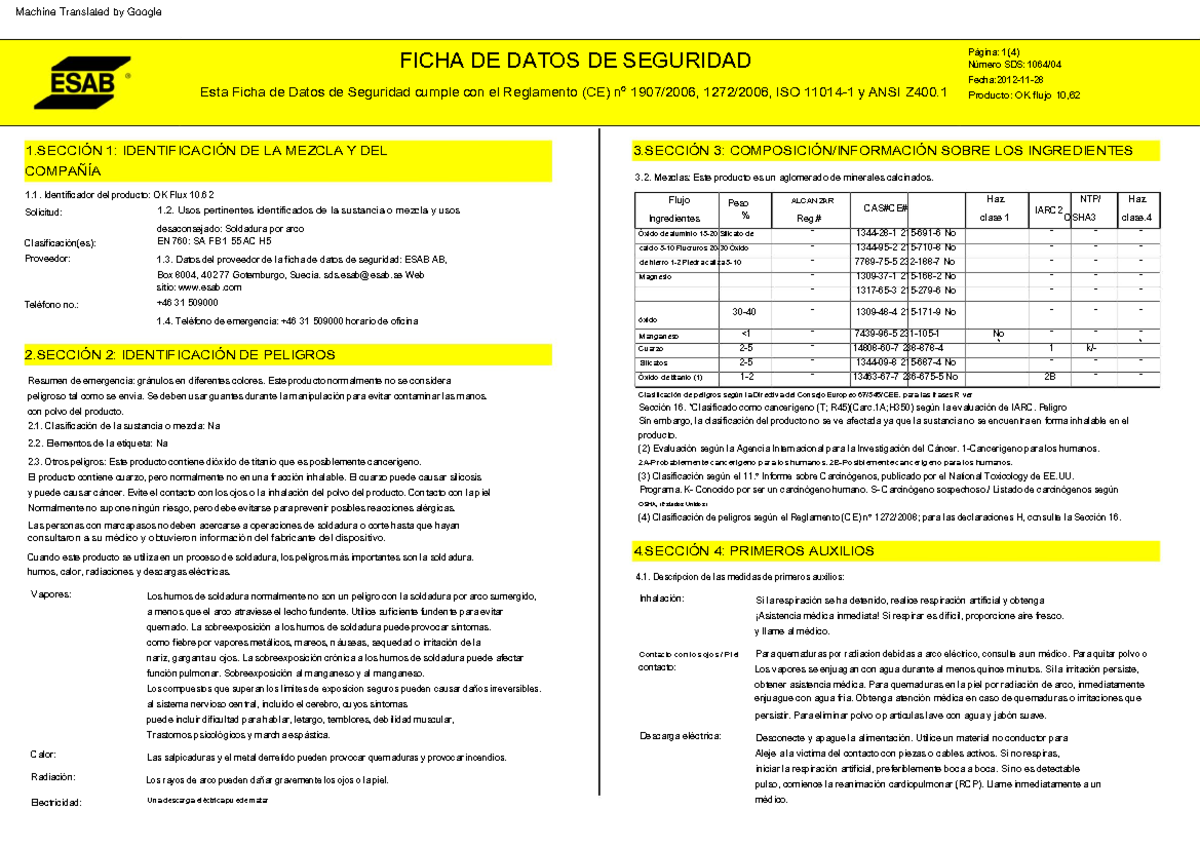 SDS de Seguridad para Producto OK Flux 10 - ESAB - Studocu