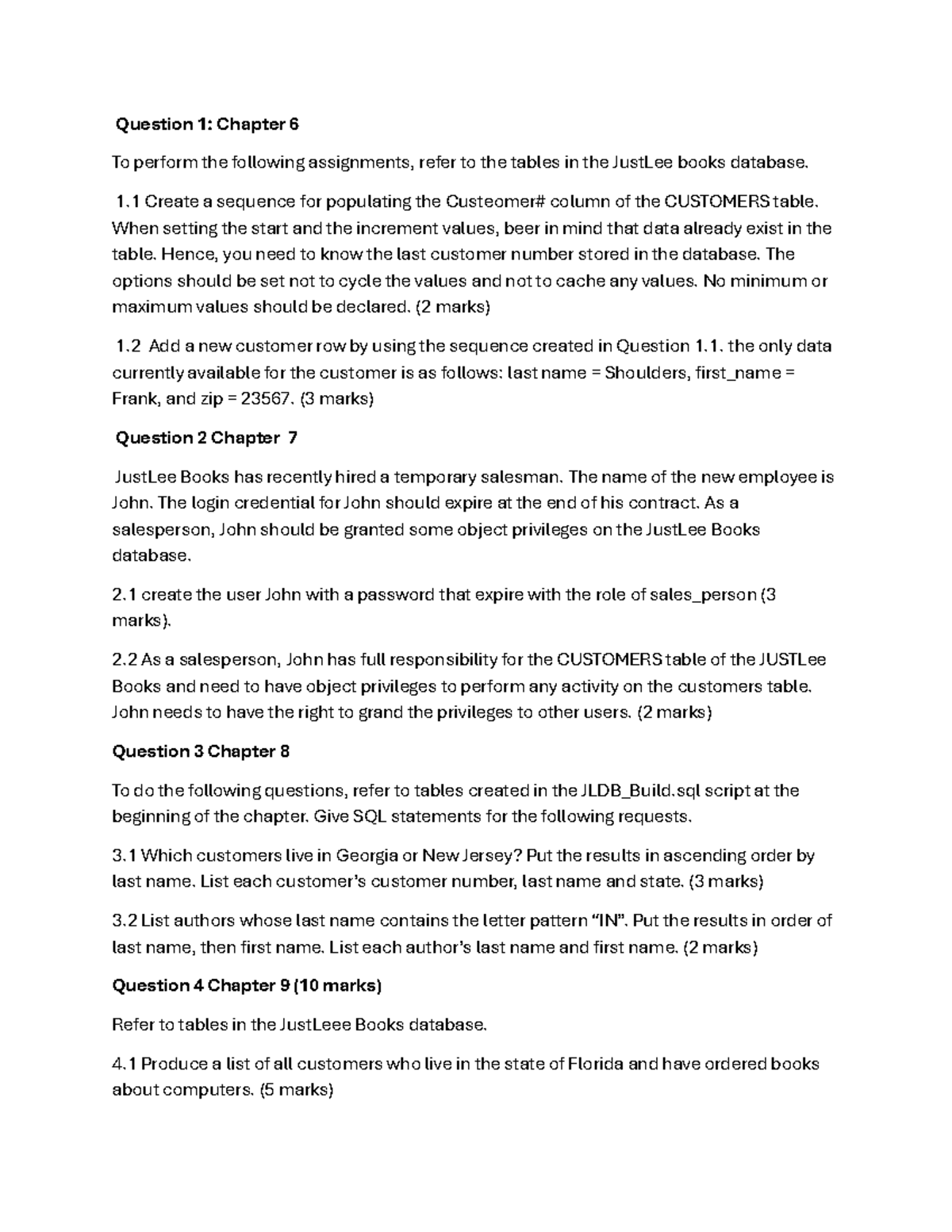 Chapter 6 & 7 SQL Assignment Questions for Database Management - Studocu