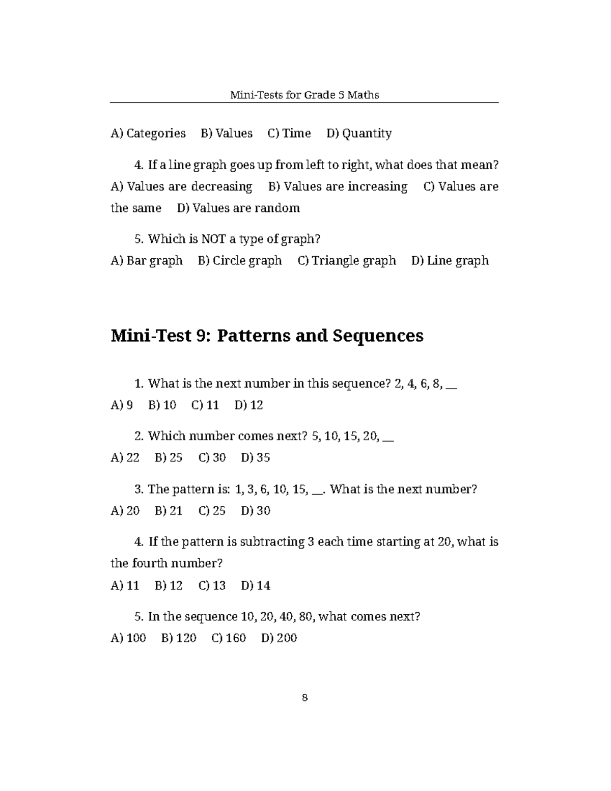 Mini-Tests for Grade 5 Maths: Graphs, Patterns & Sequences - Studocu