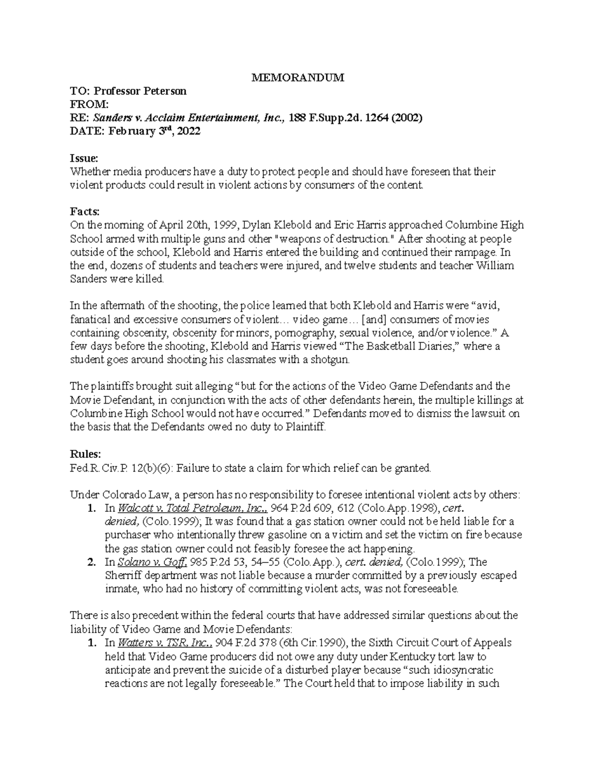 Sanders v. Acclaim Entertainment, Inc. Case Analysis Memo - Studocu