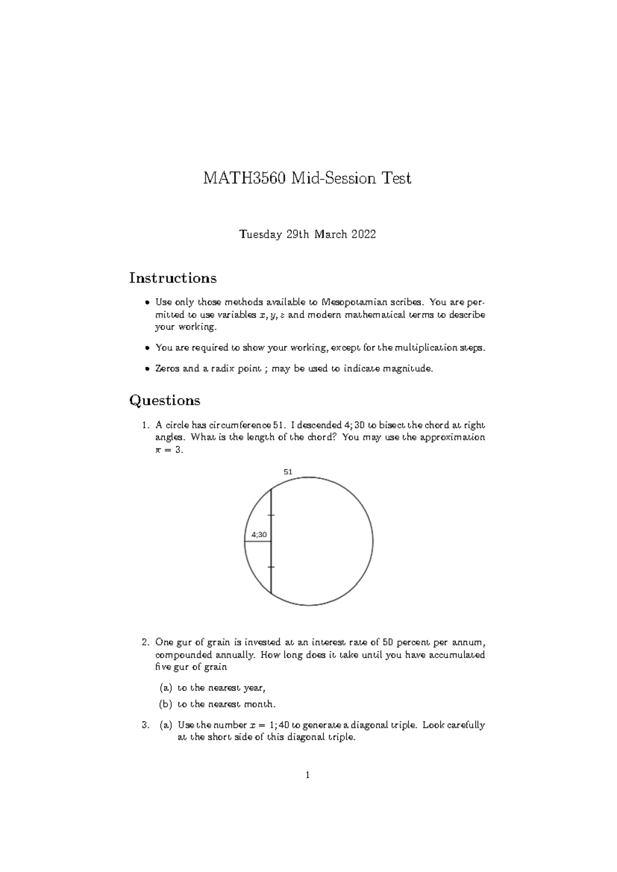 2022 midsession - Mid session exam - MATH3560 Mid-Session Test Tuesday ...