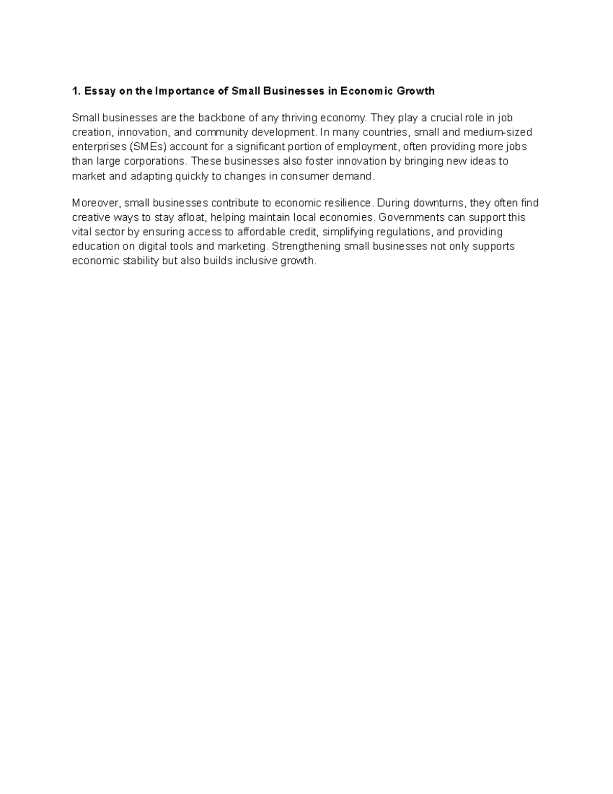Essay 1: The Role of Small Businesses in Economic Growth - Studocu
