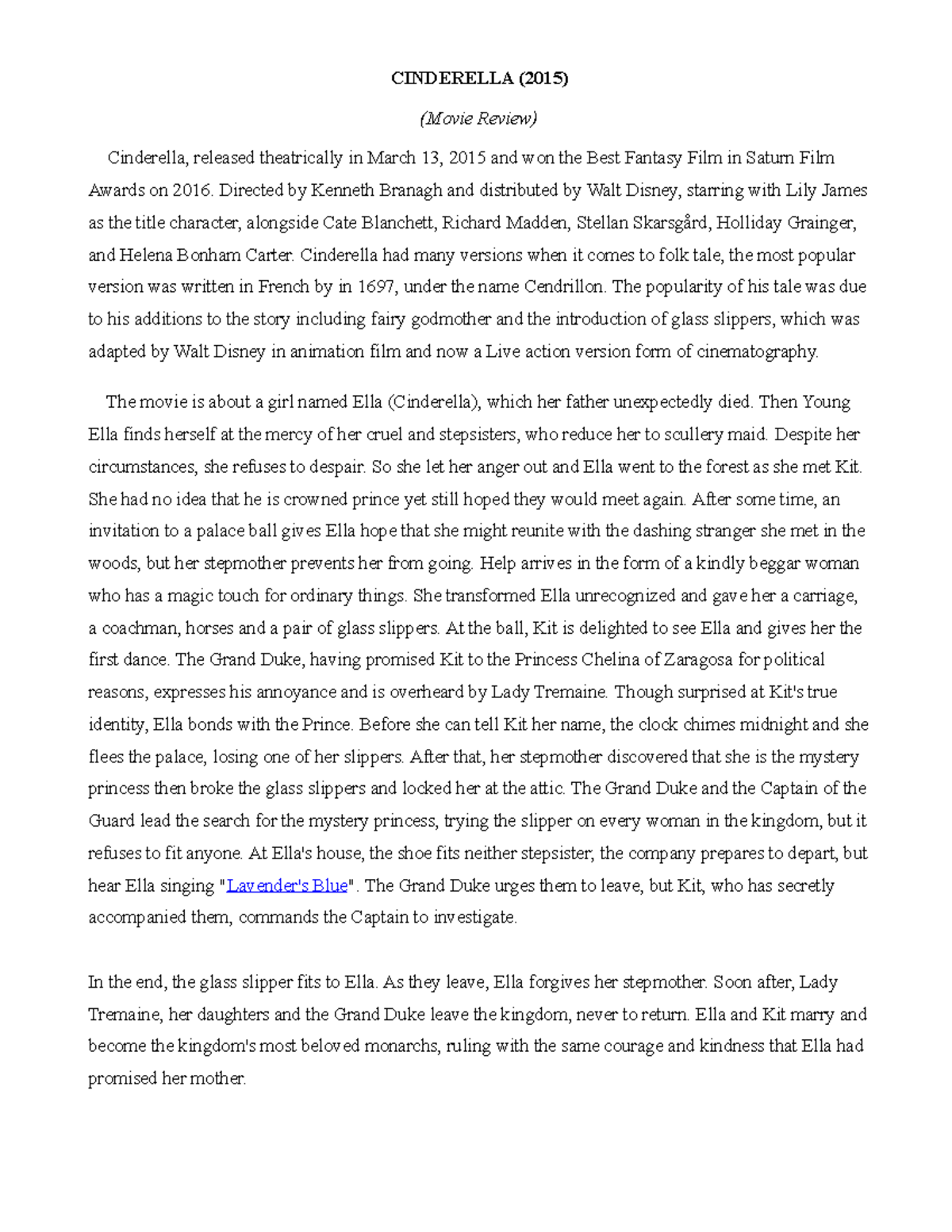 Cinderella Final Critique Paper - Bachelor of Secondary Education Major ...