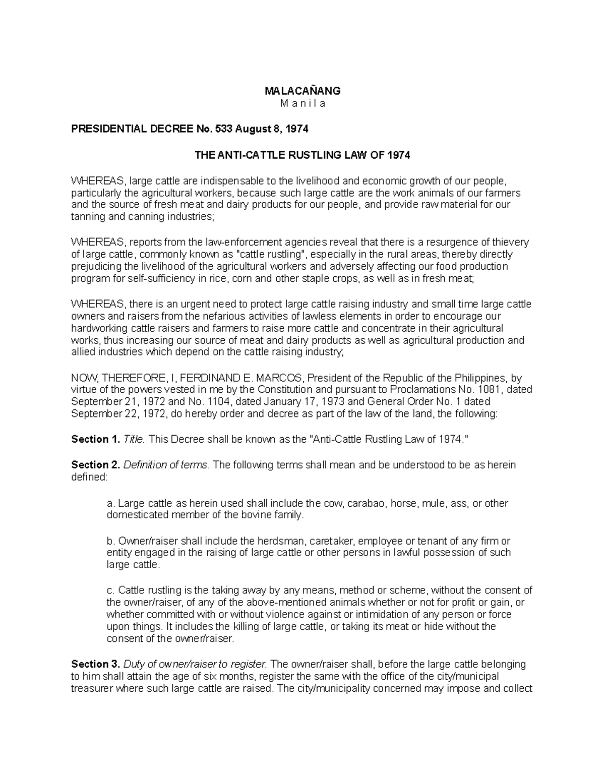 P.D. No. 533: The Anti-Cattle Rustling Law - Overview and Provisions ...