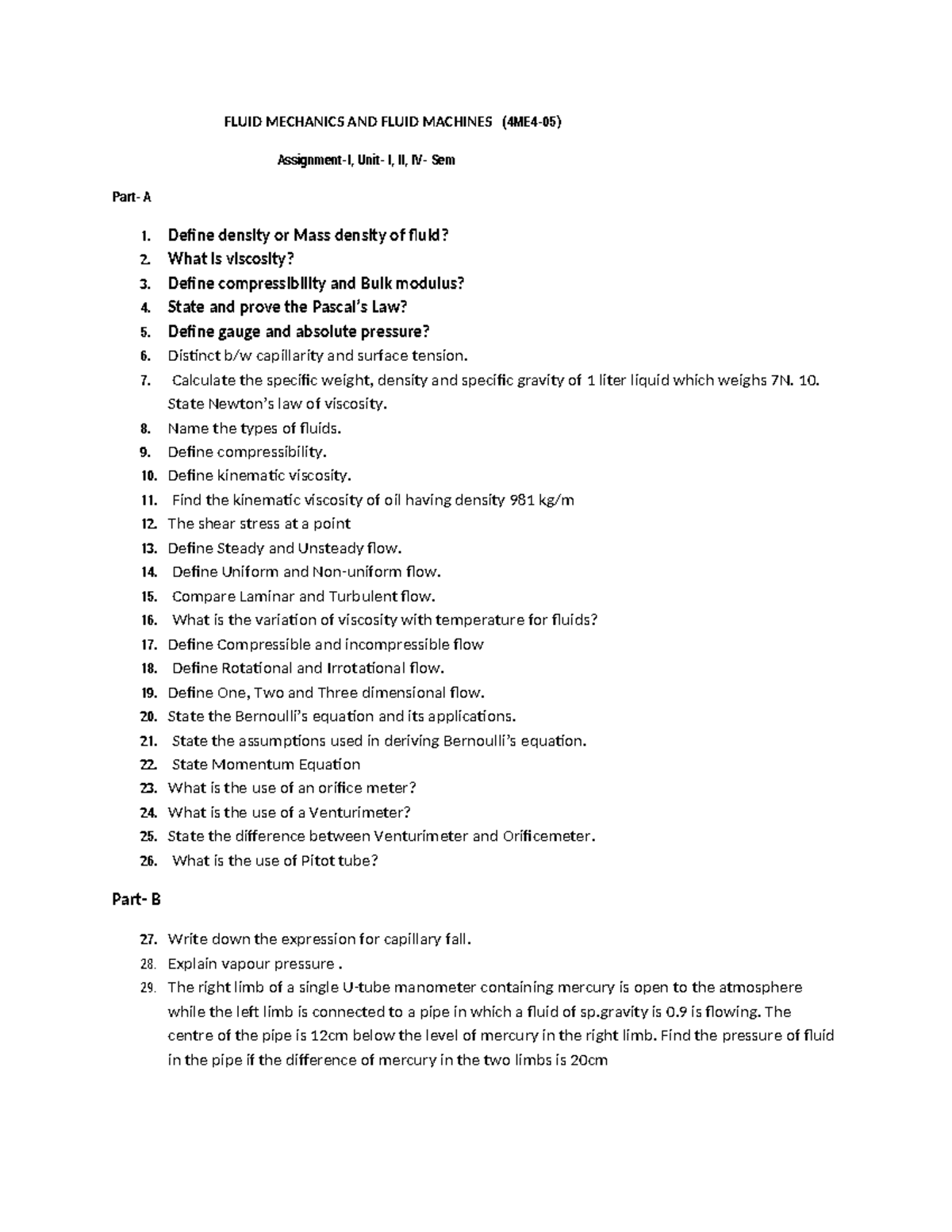 FLUID MECHANICS & MACHINES I, II - Assignment I, Units I & II - Studocu