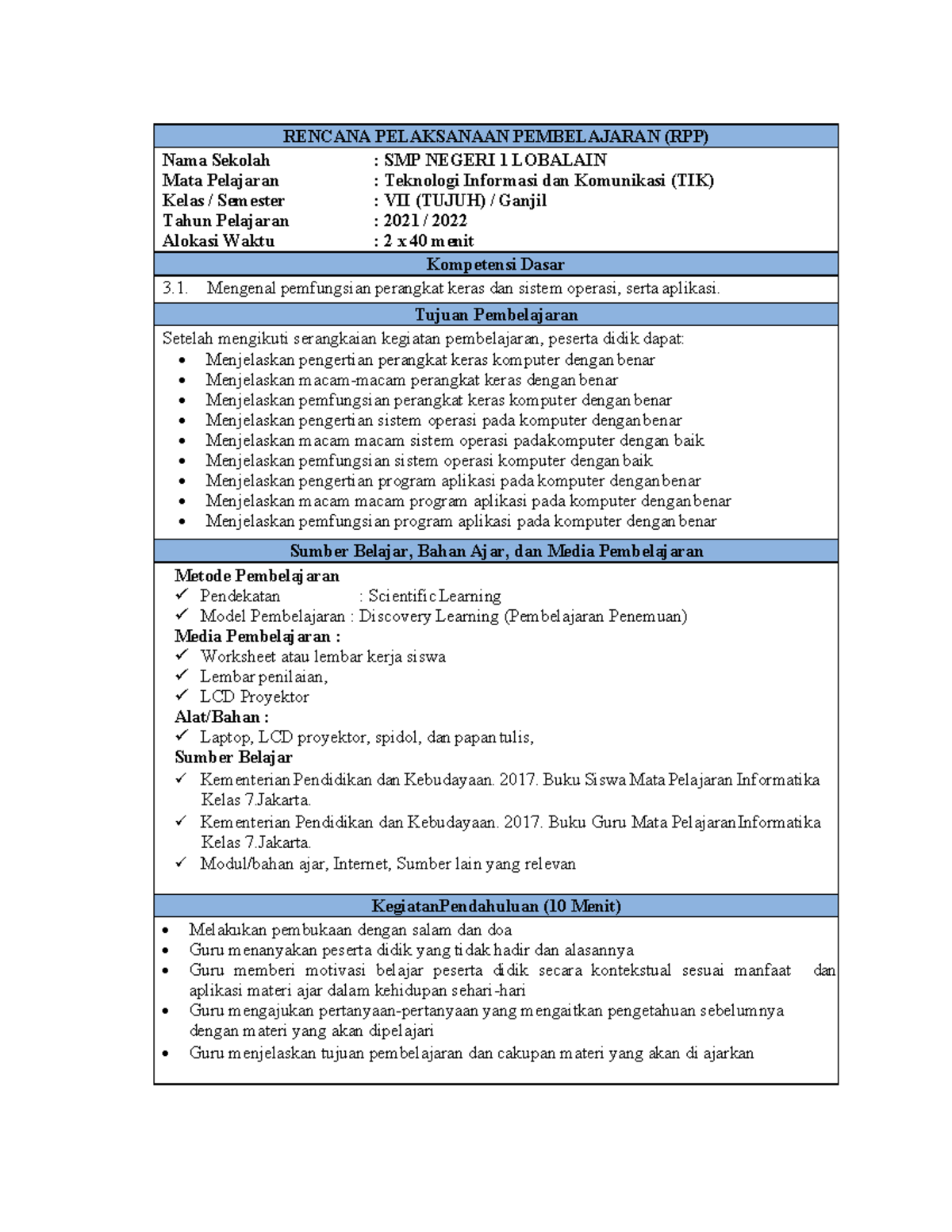 RPP Pembelajaran TIK Kelas VII: Mengenal Perangkat Keras dan Sistem ...