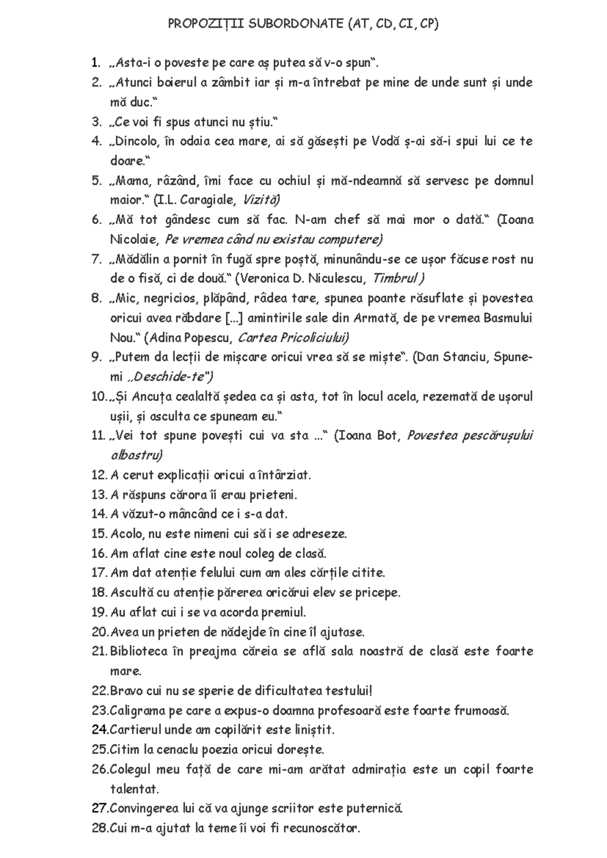 Recapitulare Propoziții Subordonate (AT, CD, CI, CP) - Exerciții și ...