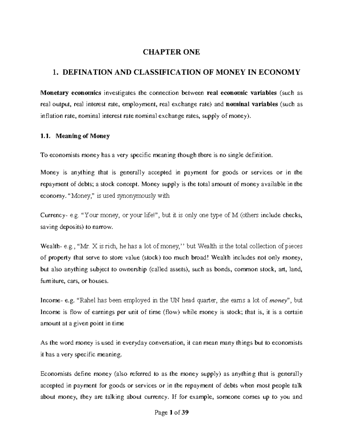 Monetary Economics (ECON 101): Chapter 1 - Definition & Classification ...