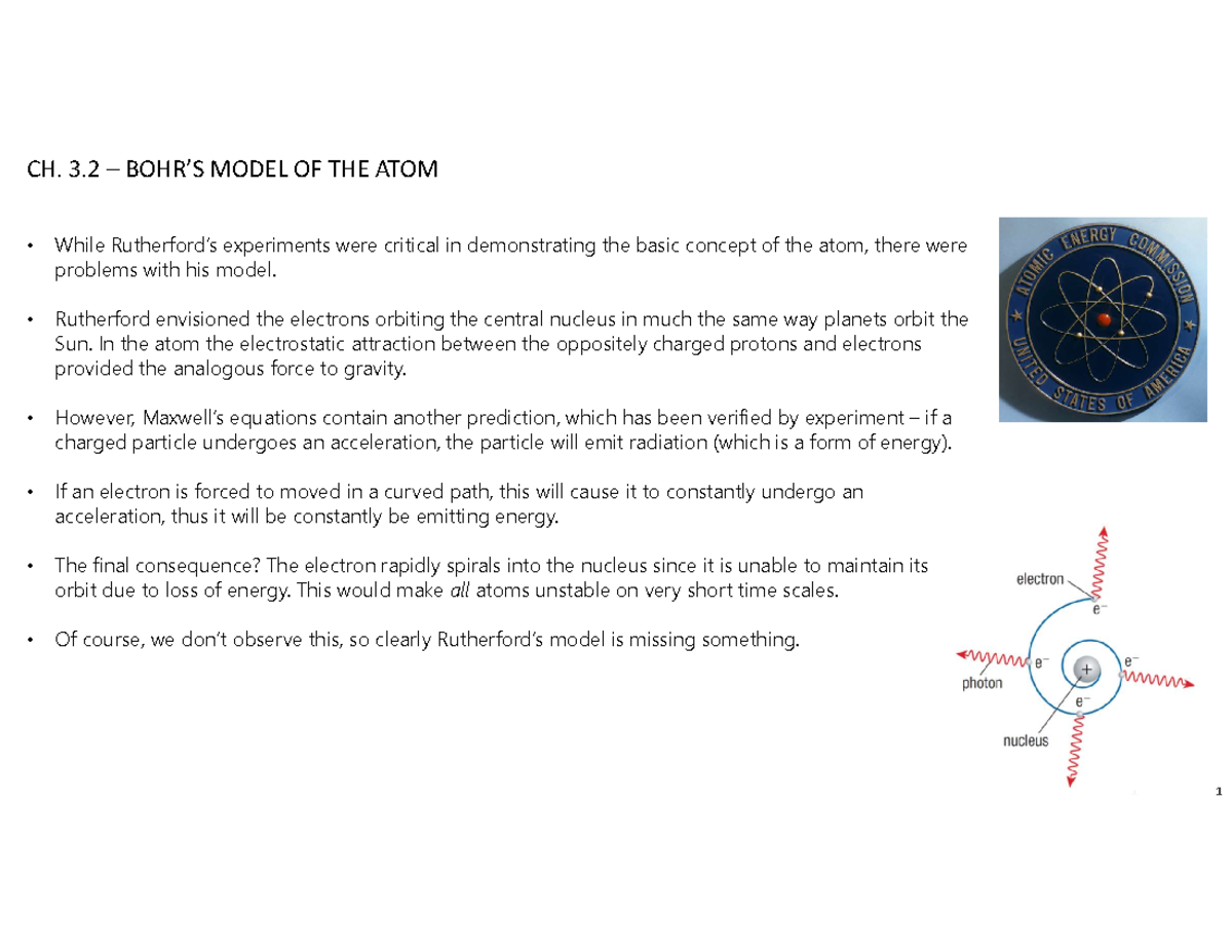 SCH4U - Ch. 3.2 - Bohr Model of the Atom - CH. 3 – BOHR’S MODEL OF THE ...
