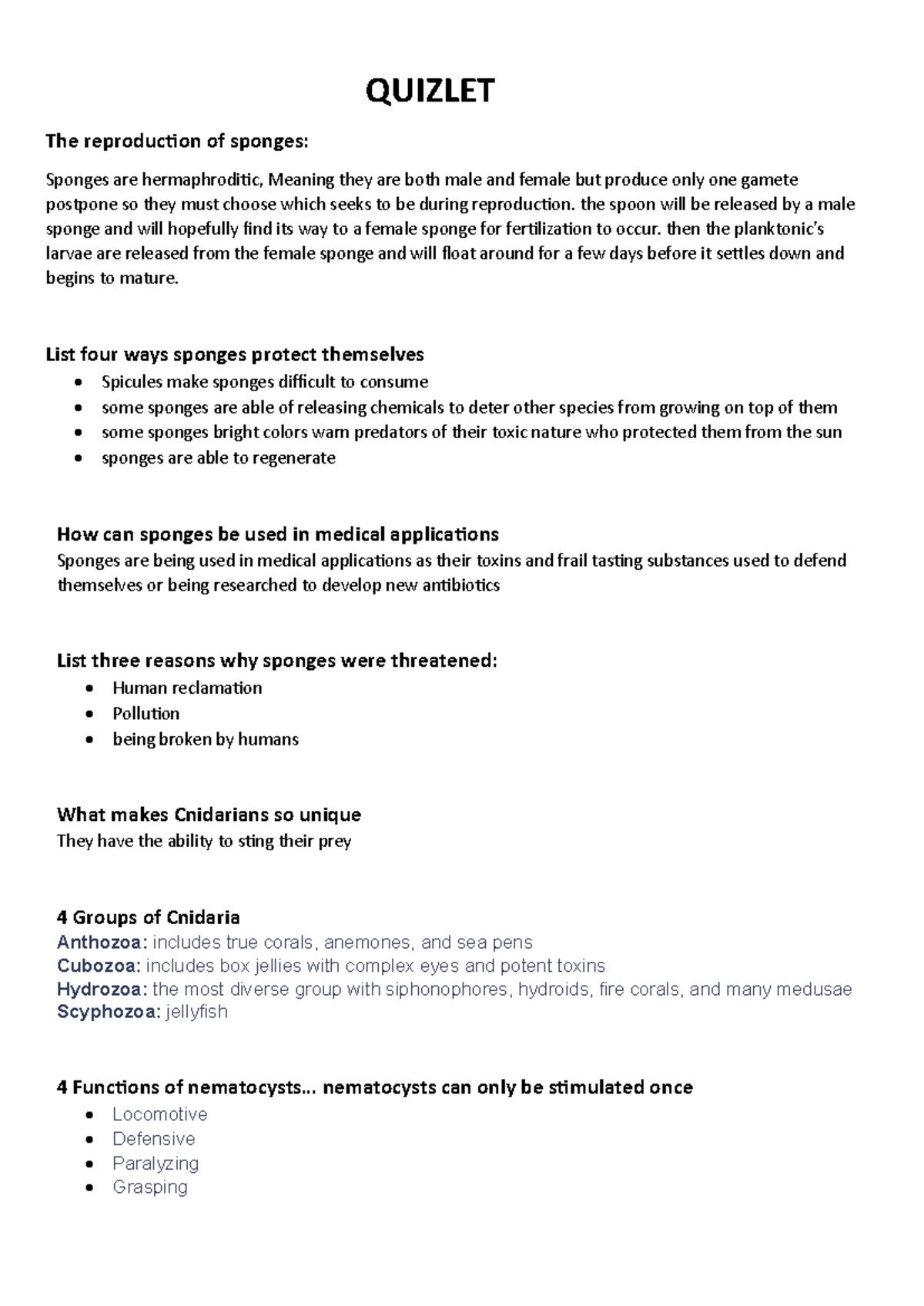 QUIZLET: Summary of Porifera and Cnidaria for Exam Prep - Studocu