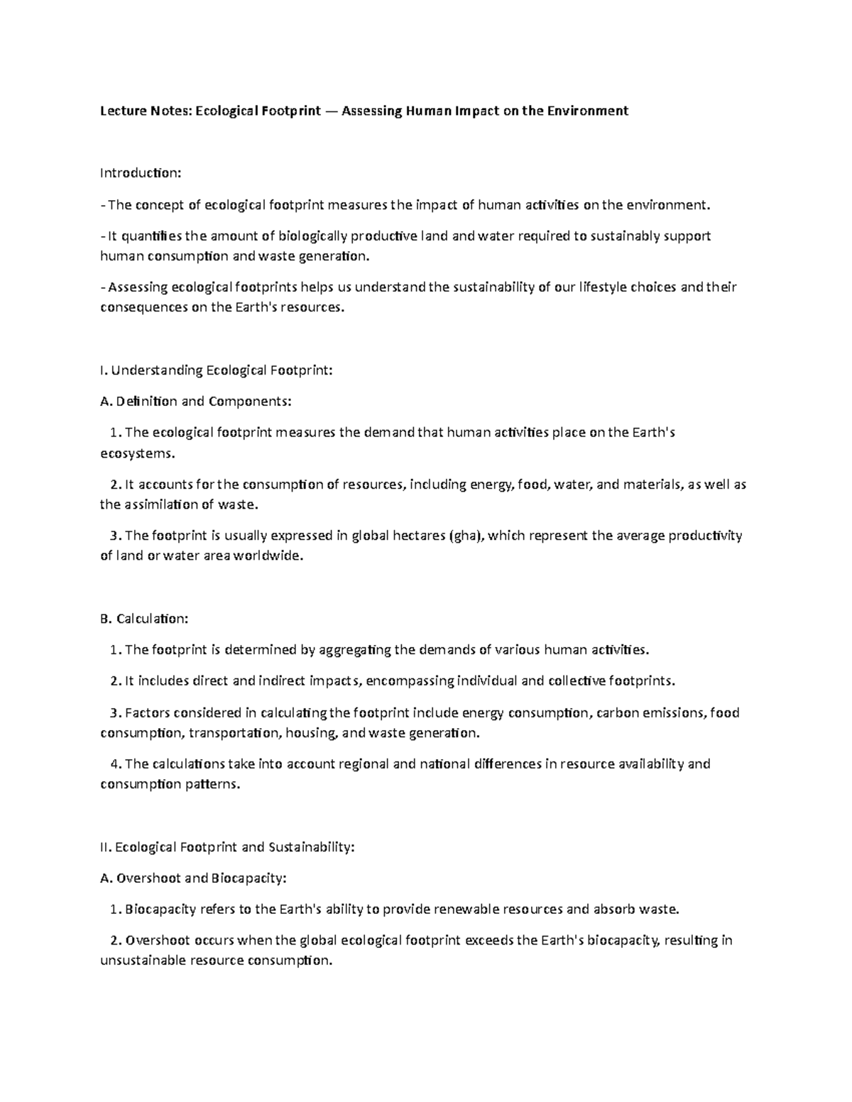 Lecture Notes: Ecological Footprint & Human Impact on Environment - Studocu