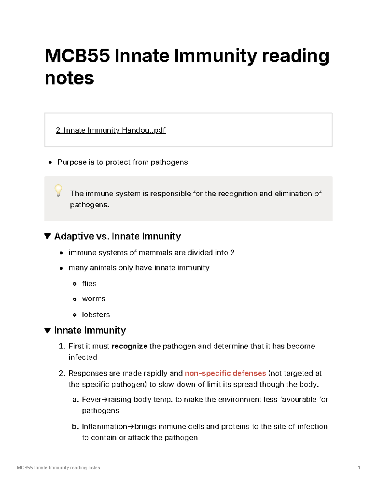 MCB55 Final Exam Notes: Overview of Innate Immunity Concepts - Studocu