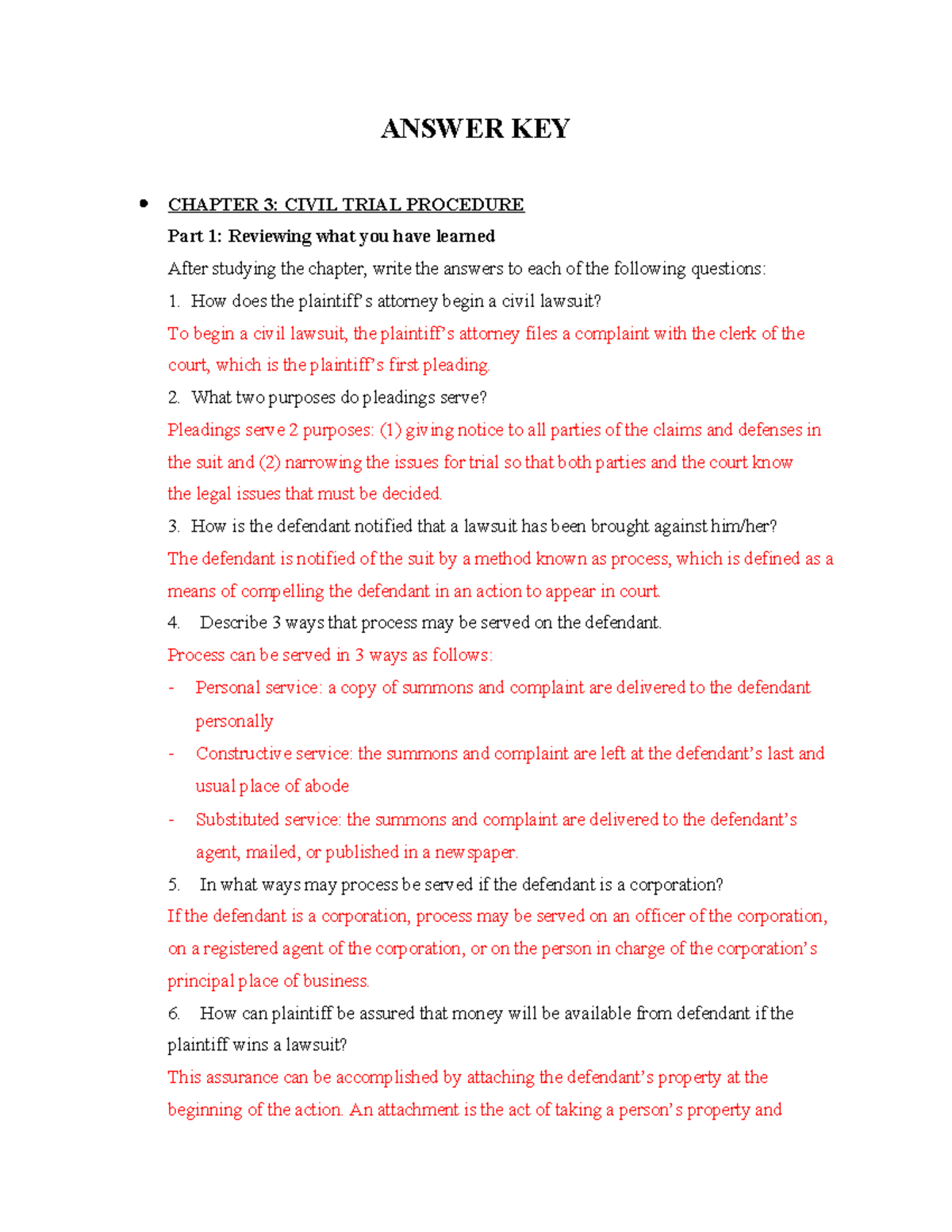 ANSWER KEY: CHAPTER 3, 9, 10, 15, 18, 19, 20 - CIVIL TRIAL PROCEDURE ...