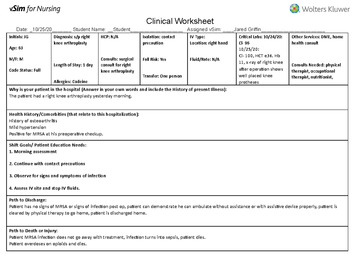 Jarred Griffin Clinical Worksheet - Clinical Worksheet Date: Student ...