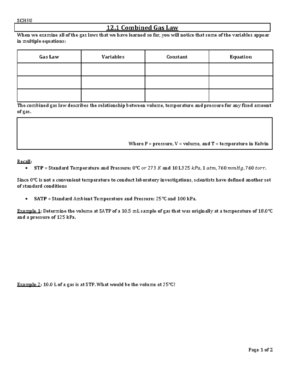SCH3U 12.1 Combined Gas Law: Understanding Gas Relationships - Studocu