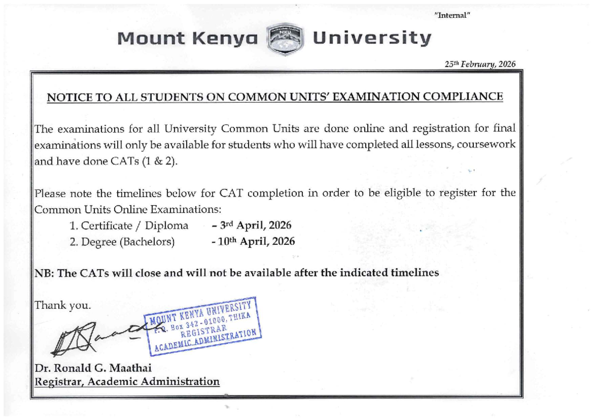 Mount Kenya B University Common Exam Compliance Notice - Feb 2026 - Studocu