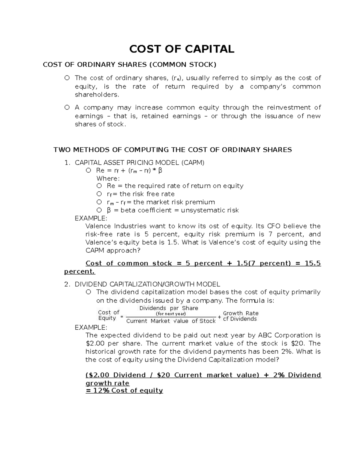 COST OF CAPITAL: ORDINARY SHARES & WACC METHODS - Studocu