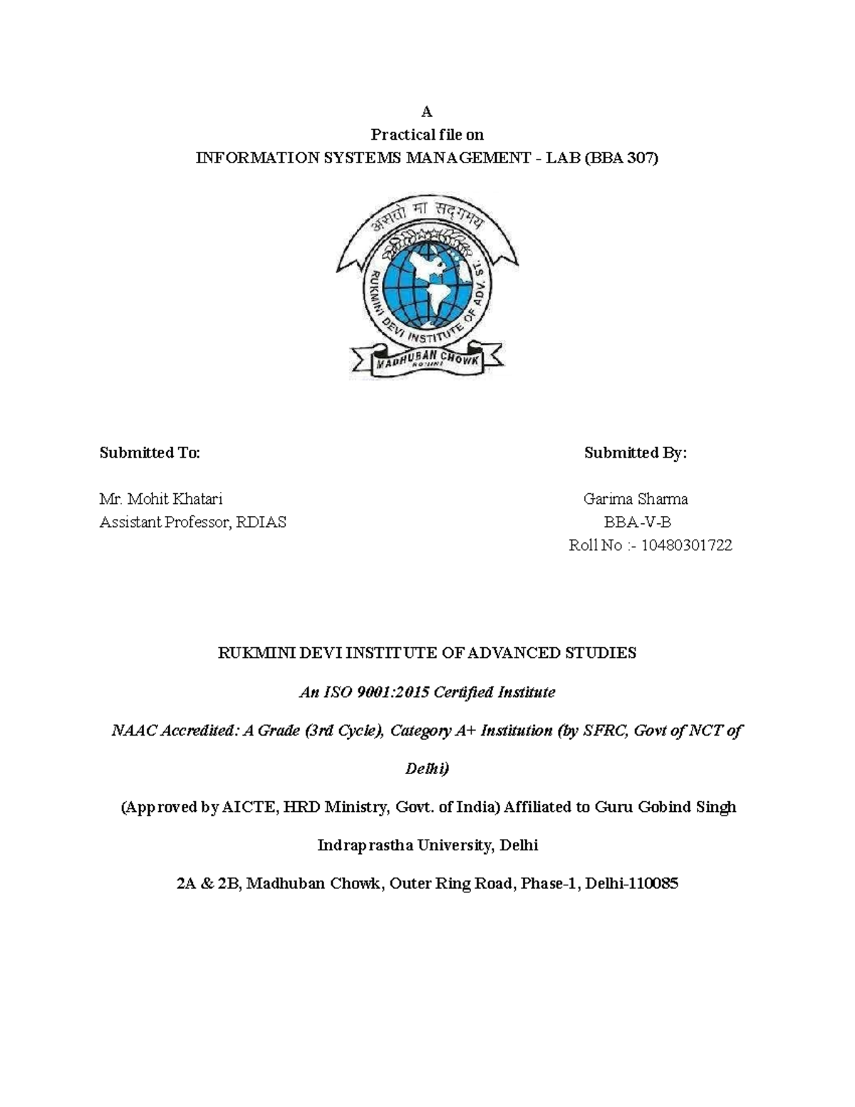 Practical Lab File on Information Systems Management - BBA 307 - Studocu