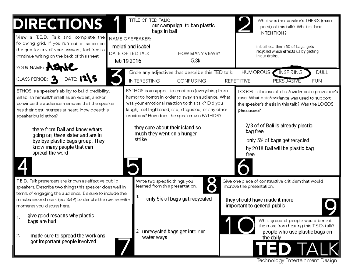 TED Talk Worksheet - Analyzing Speaker's Ethos, Logos, and Pathos - Studocu