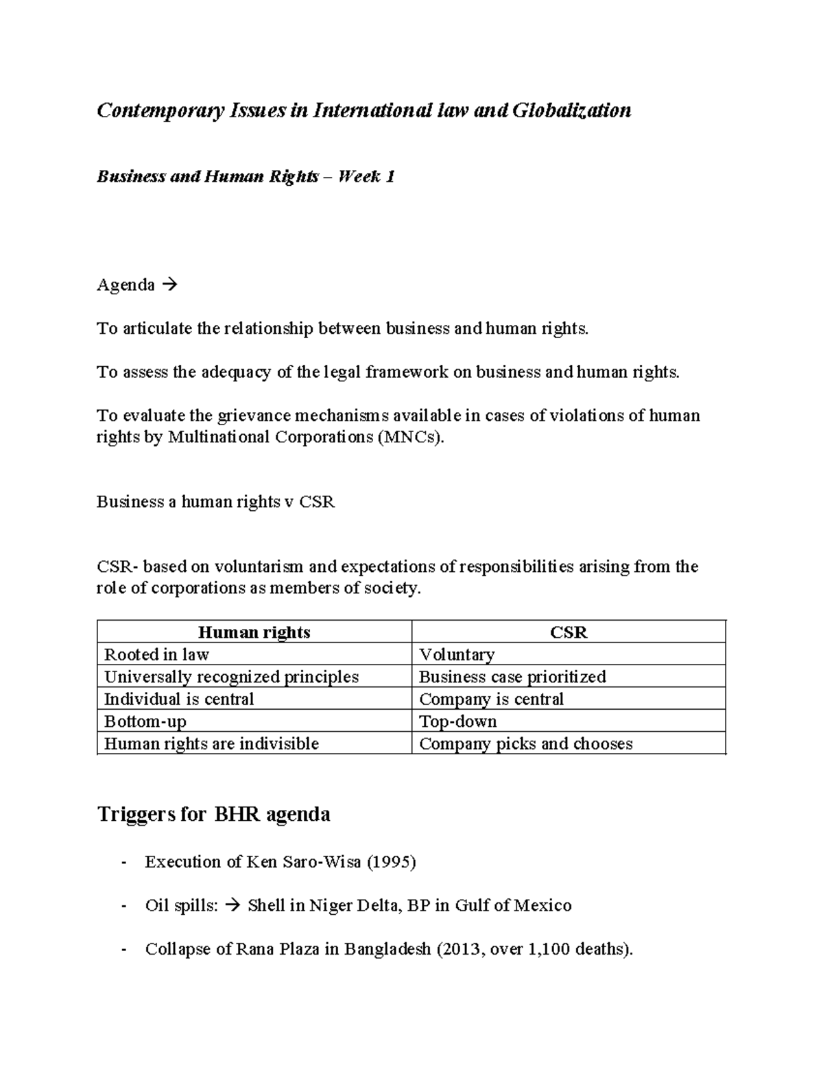 Contemporary Issues in Intl Law & Globalization: BHR Week 1 Agenda - Studocu