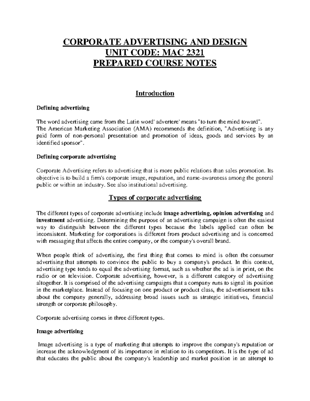 Corporate Advertising & Design Course Notes: MAC 2321 - Studocu