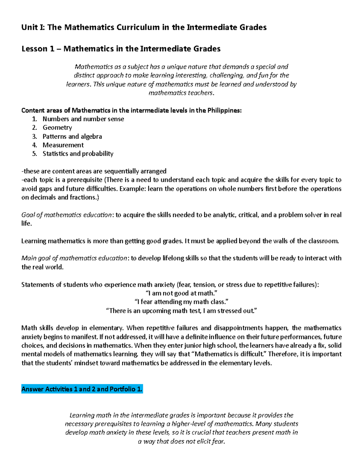 Sc Math 2 unit 1 - the mathematics curriculum in intermediate grades - Studocu