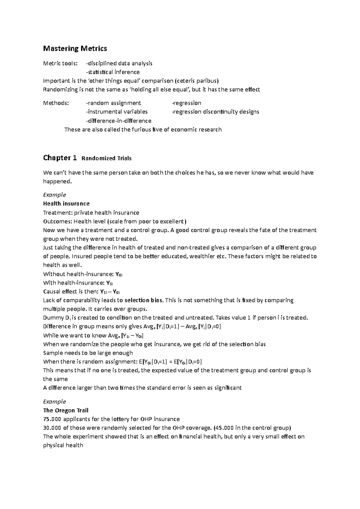Mastering Metrics Summary: Chapter 1 Insights on Health Economics ...