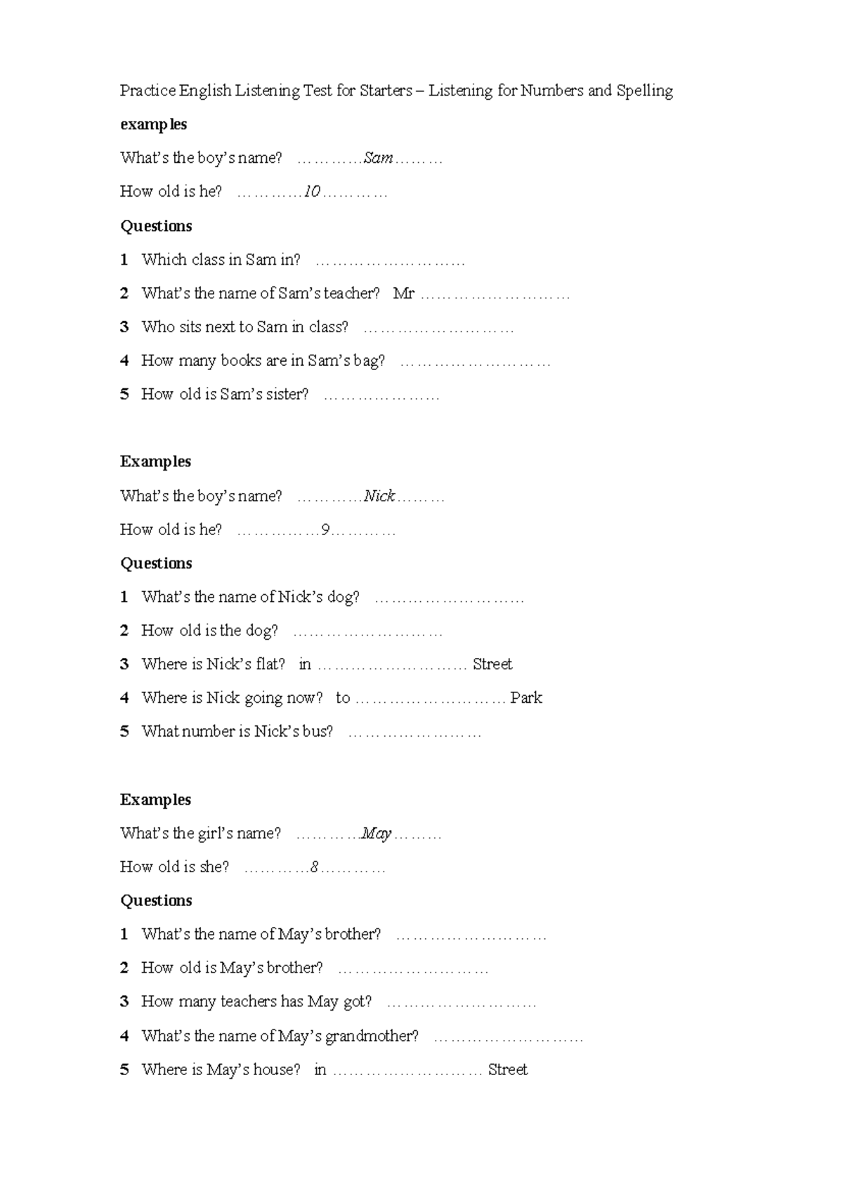 Practice English Listening Test for Starters: Numbers & Spelling - Studocu