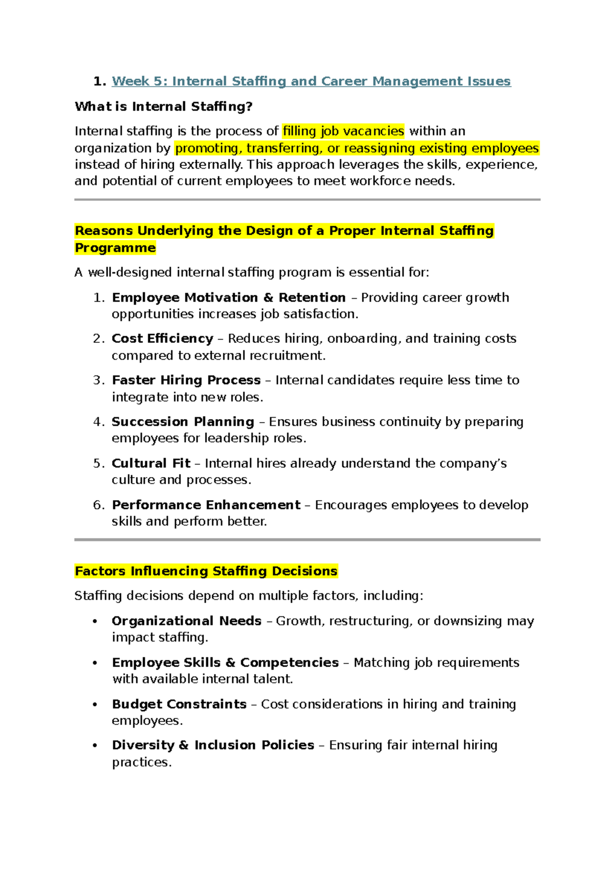 Internal Staffing Strategies & Career Management - Week 5 Analysis - 1 ...