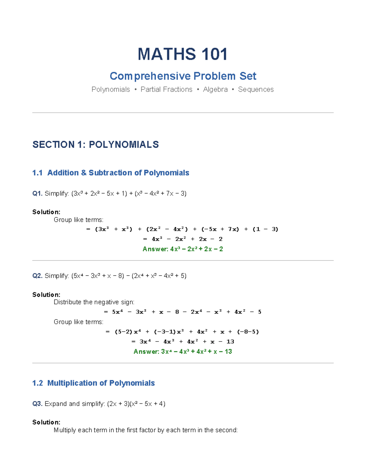 MATHS 101 Comprehensive Problem Set: Polynomials & Partial Fractions ...