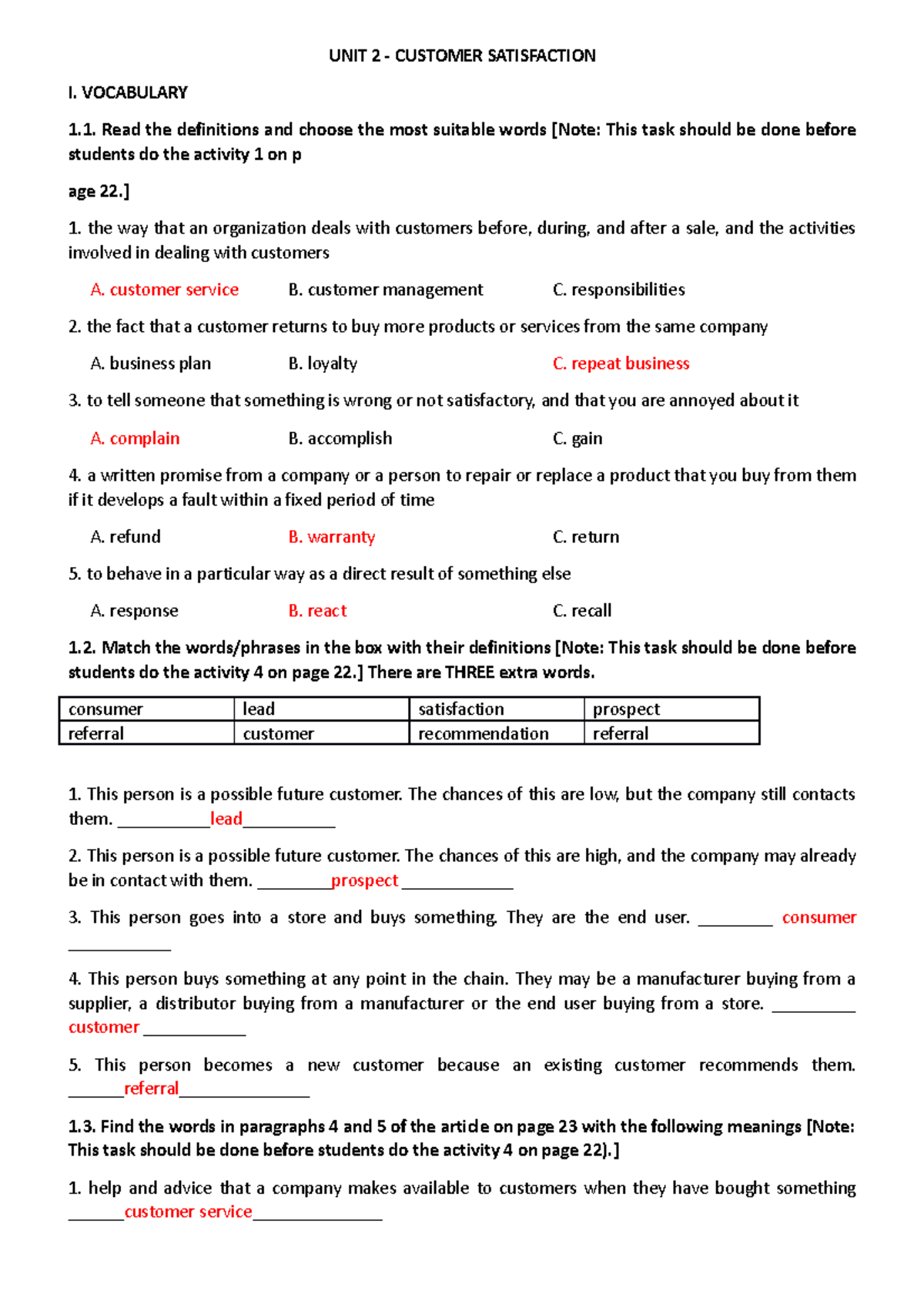 Unit 2 Revision: Customer Satisfaction Final Test Key - Studocu